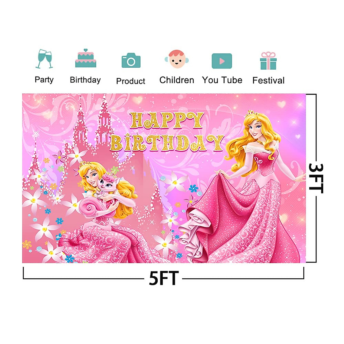 Princess Backdrop for Birthday Party Decorations, Princess Aurora Background for Baby Shower Party Cake Table Decorations Supplies, Sleeping Beauty Theme Banner, 5x3ft