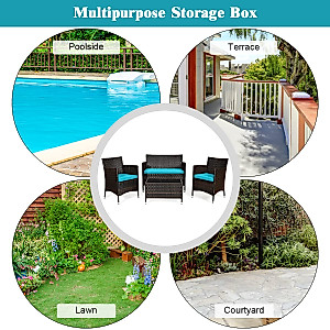 Toolsempire 4 Pieces Patio Sofa Set, Wicker Conversation Set with Ergonomic Curved Backrest, Rattan Furniture Set with Water-Resistant Cushion & Tempered Glass Table for Balcony, Porch (Turquoise)