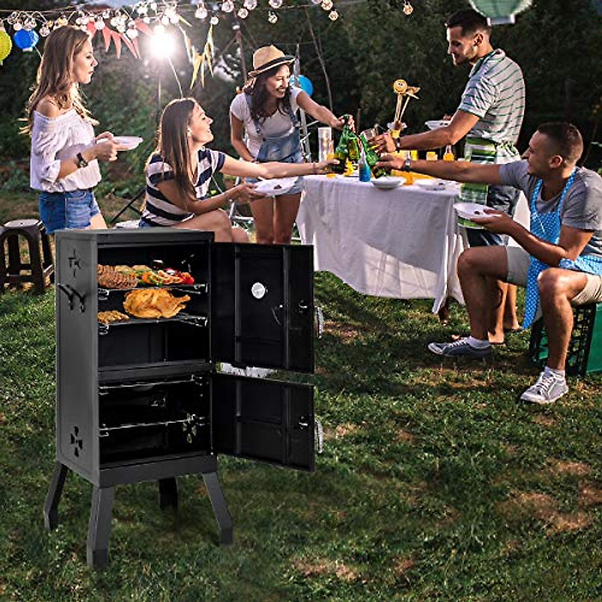 Giantex Outdoor Smoker with Double Doors, 2 Detachable Grill Netting Smoking Racks, Charcoal Pan & Water Pan, 4 Air Vents, Thermometer, Vertical Charcoal Smoker for Barbecue Camping Backyard Grill