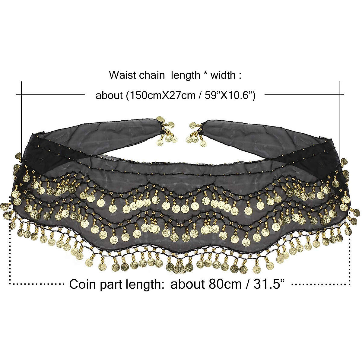 COSICS Belly Dance Hip Scarf, Women's Black Chiffon Belly Dancing Scarf with 128 Gold Coins for Yoga Class