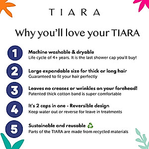 TIARA Luxury Shower Cap for Women Reusable Waterproof, Hair Cap for Long & Short Hair, All Size Flexi Adjustable Terry Lined Cloth Plastic Leakproof Soft, Breathable, Durable & Comfy (Dots Blue)