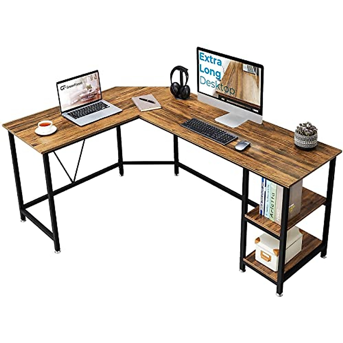 GreenForest L Shaped Corner Desk 65.7 inch with Storage Shelf and 2 Drawers File Cabinet Wooden Lateral File Cabinet with Open Storage Shelves