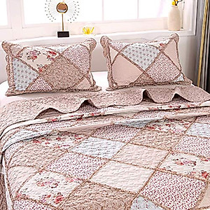 VIVILINEN Patchwork Quilt Set Full Queen Size 3-Piece Pink Floral Reversible Quilted Bedspread Coverlet Set Lightweight Stitched Comforter Bedding Set Bed Sheet Set Cover Blanket with 2 Pillow Shams