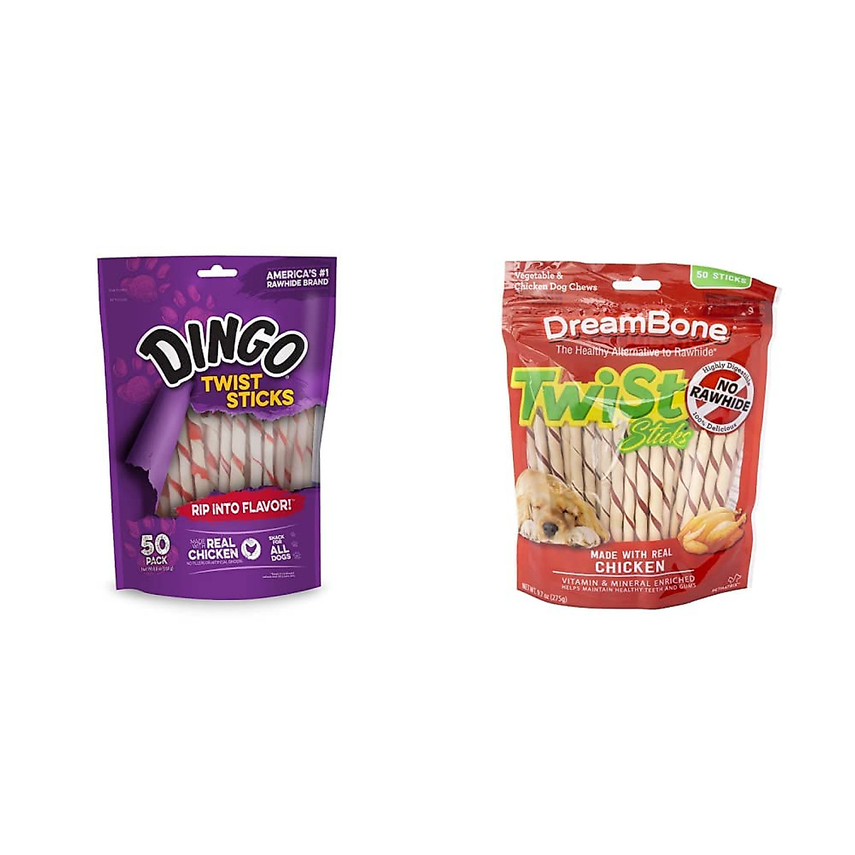 Dingo Twist Sticks Rawhide Chews, Made with Real Chicken, 50 Count and DreamBone Twist Sticks, Made with Real Chicken, Rawhide-Free Chews for Dogs, 50 Count