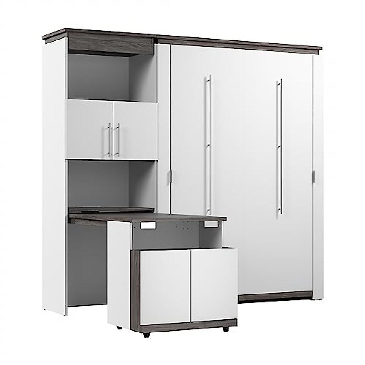 Bestar Orion Murphy Bed with Storage Cabinet and Fold-Out Desk (91W), Sleeping Arrangement with Work Surface, Full, White & Walnut Grey