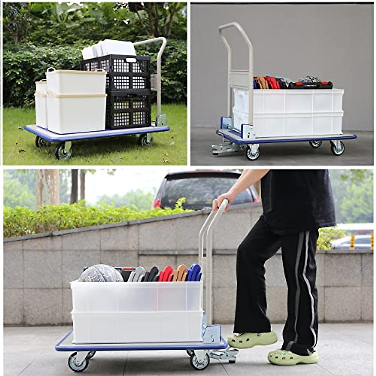 Uholan Folding Steel Trolley Platform Handtruck with Brake Heavy Industrial Trolley Flatbed Truck Logistics Warehouse Handling Turnover Vehicle Load 550lb with Wheels Dolly Cart
