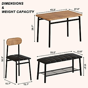 AWQM Dining Table with 2 Chairs and Bench Set, Dining Room Table Set for 4, 43.3 inches Kitchen Table and Faux Leather Upholstered Chairs Bench Set for Small Kitchen, Dining Room, 4 People Family Use…