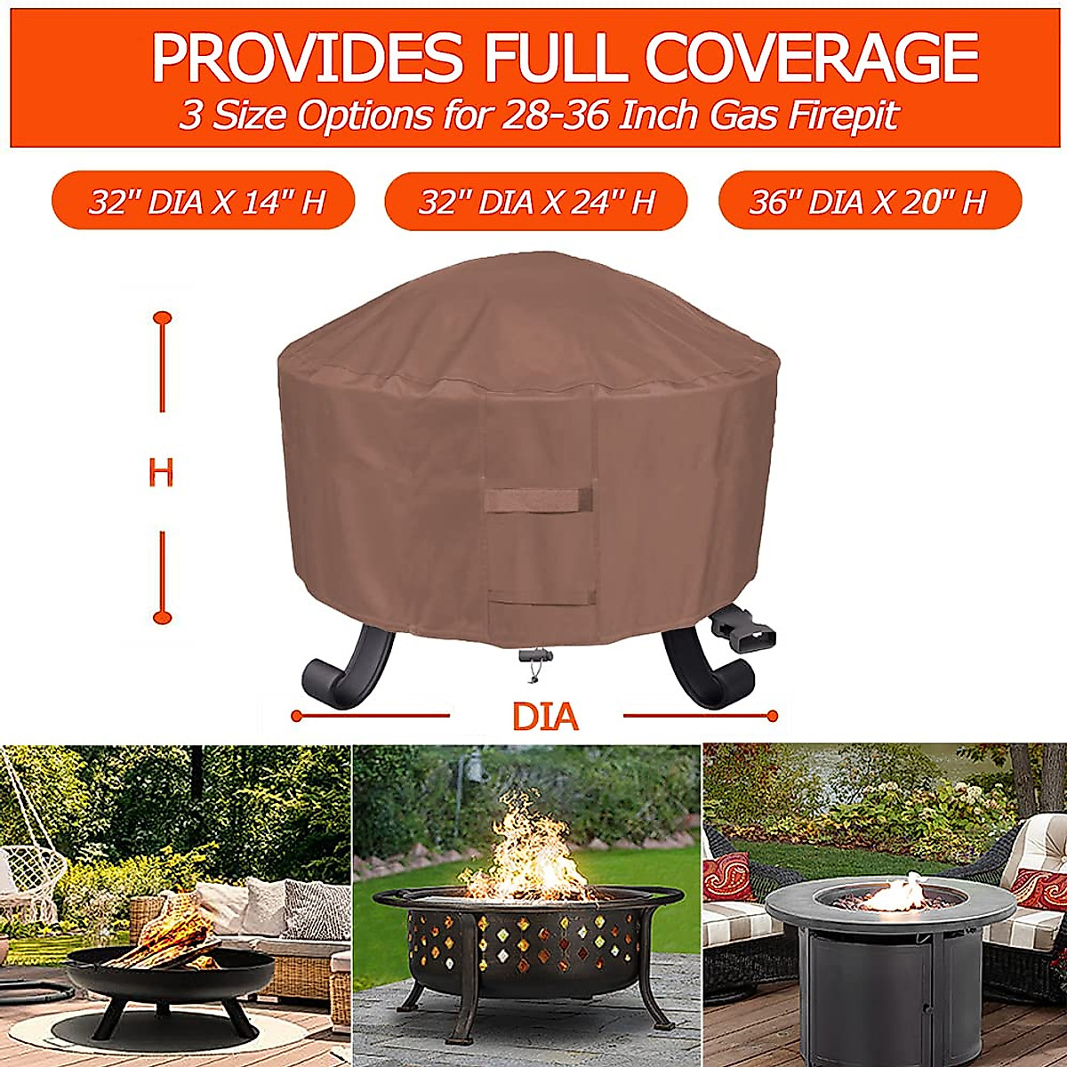 Gartree Fire Pit Cover Round 32'' DIA x 24'' H, Waterproof 600D Heavy Duty Gas Firepit Cover for 30-32 Inch Propane Fire Table Outdoor Fire Bowl with Air Vents Buckles, Brown