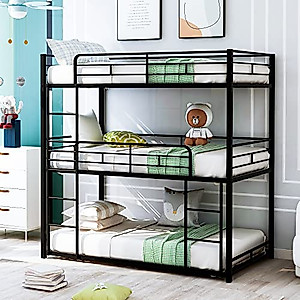 GLORHOME Twin Size Metal Triple Bunk Bed with 2 Front Ladders for Kids Adults, No Box Spring Required, Black