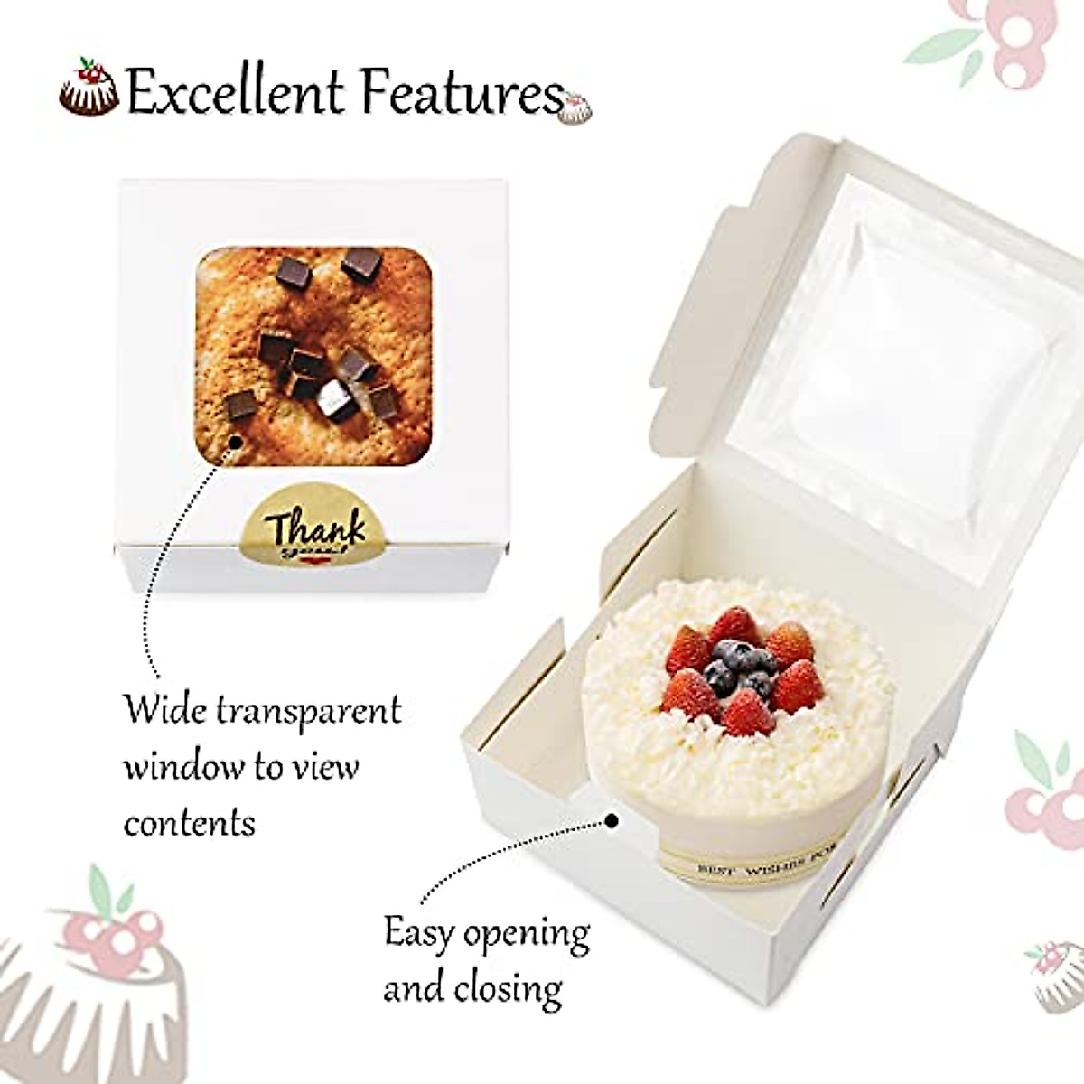 TKOnline 50 Pack 4 x 4 x 2.5 Inches Small Cookie Boxes with Window White Bakery Boxes Cake Boxes White Pastry Boxes for Mini Cookies, Cupcakes, Dessert, Single Donut, Stickers Included