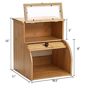Jucoan Bamboo Bread Box, 2 Layer Large Natural Wooden Bread Storage Box with Window, Roll Top for Kitchen Countertop, Farmhouse Bread Holder Bin Container for Home to Keep Bread Fresh