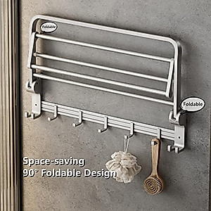 MUSTORN Towel Rack Wall Mount for Bathroom with Towel Bar and Hooks 23.6 in Foldable Towel Shelf Lavatory Towel Organizer Matte Silver