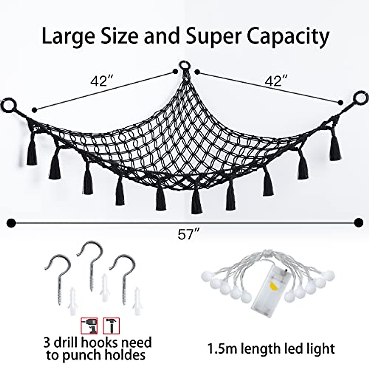 Stuffed Animal Net or Hammock with Light,Yewiwin Macrame Hanging Net Hammock for Stuffed Animal Toy Storage Organizer Boho Decor Room Holder for Nursery Play Room Bedroom (Black)