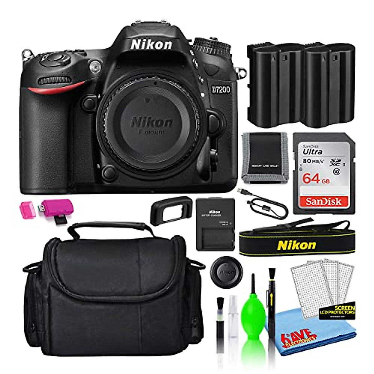 Nikon D7200 24.2MP DSLR Digital Camera (Body Only) (1554) Deluxe Bundle with SanDisk 64GB SD Card + Large Camera Bag + Spare EN-EL15 Battery + Deluxe Camera Cleaning Kit