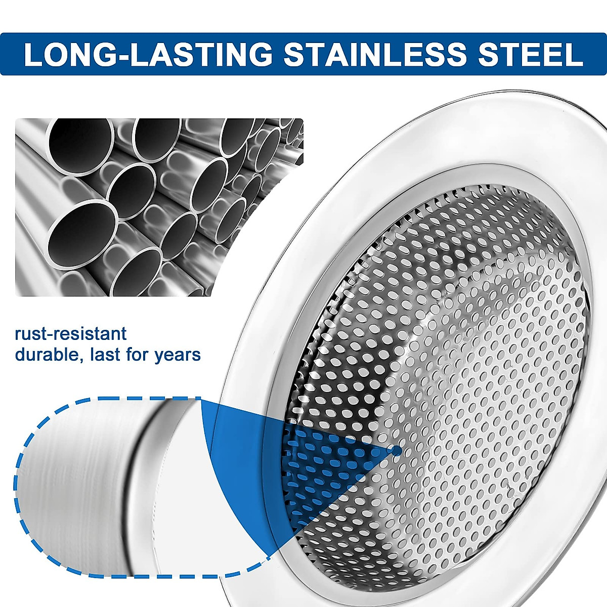 FURNIFE 2PCS Kitchen Sink Strainer - Stainless Steel Sink Strainers for Kitchen Sinks, Large Wide Rim 4.5" Diameter