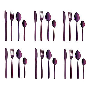 Purple Silverware Set, BuyGo 24-Piece Stainless Steel Camping Flatware Dinnerware Set for 6, Hand Polish, Dishwasher Safe
