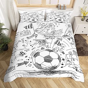 Erosebridal Football Comforter Cover, Hand Drawn Sketch Soccer Flag Network Team Sports Duvet Cover for Boys Teens Men, Decorative 3 Piece Bedding Set with 2 Pillow Shams, Queen Size, White Black
