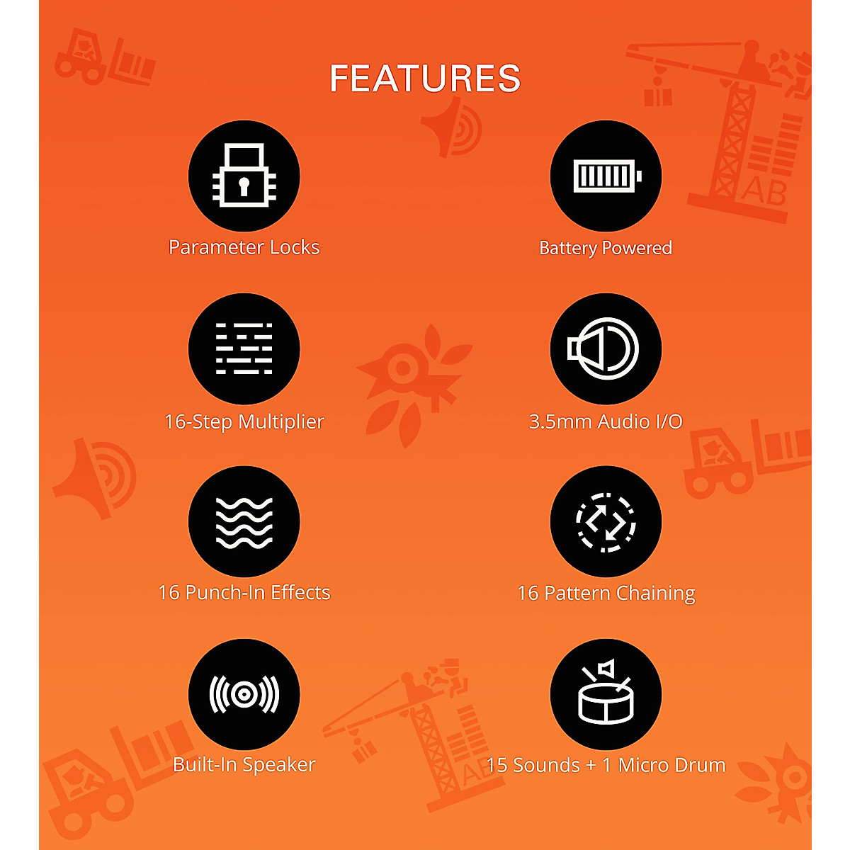 teen age engineering Pocket Operator PO-16 Factory Lead and Chord Synthesizer and Sequencer Bundle with Blucoil 3-Pack of 7" Audio AUX Cables, and 4 AAA Batteries