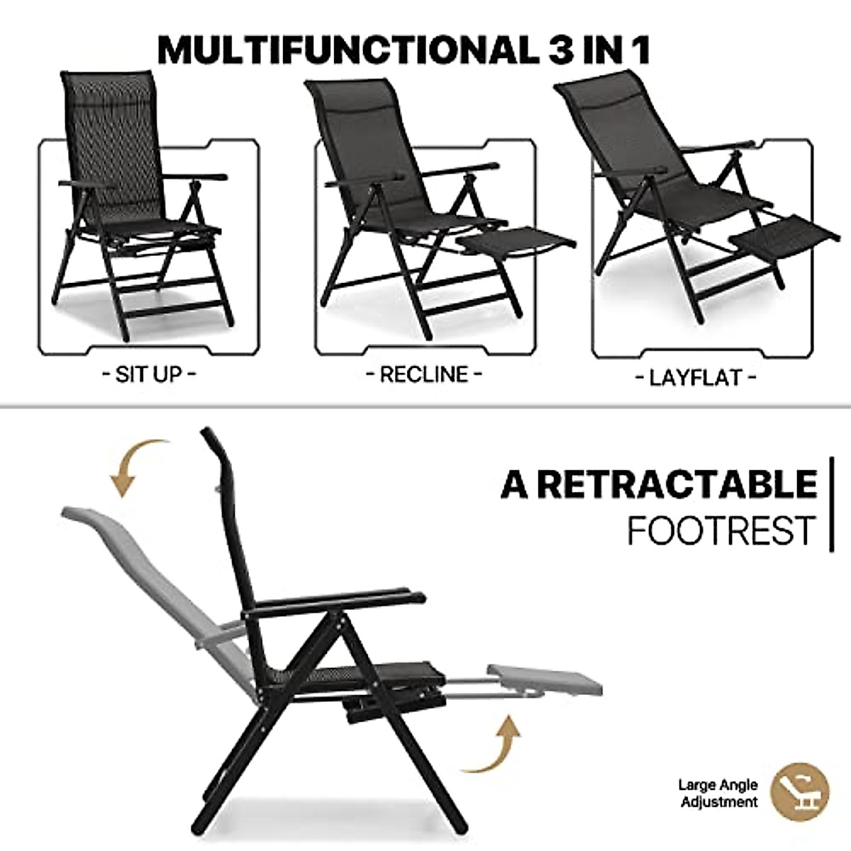 MoNiBloom 3 in 1 Outdoor Lounge Chairs Set of 2 Folding Recliner Patio Lounge Chair with Retractable Footrest, Furniture Outdoor Large Angle Adjustment Chair for Deck Patio Beach Yard, 330lbs