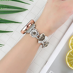 Stretchy Metal Bracelet Bands Compatible with Samsung Galaxy Watch Active 2 bands 40mm 44mm/Active 40mm/Galaxy Watch 3 41mm/42mm/Gear S2/Galaxy Watch 5 4 20mm Women Fancy Elastic Sunflower Strap (Medium, Silver Gold Flower)