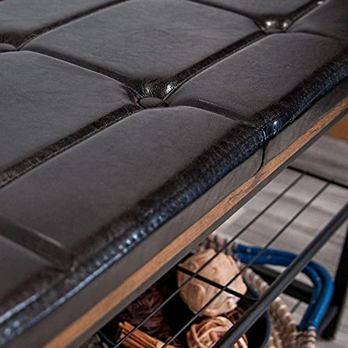 AVAFORT Two Layer Shoe Bench with PU Leather Padded Seat Top, Metal Frame, Rustic Brown