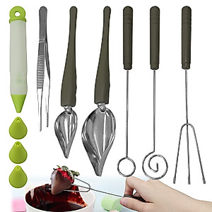 Daily Treasures 7Pcs DIY Decorating Tool Set, 3Pcs Chocolate Dipping Fork Spoons & 2Pcs Culinary Drawing Decorating Spoon with 1 Silicone Cake Decorating Pen & 1 Kitchen Tweezer for Decorative Plates