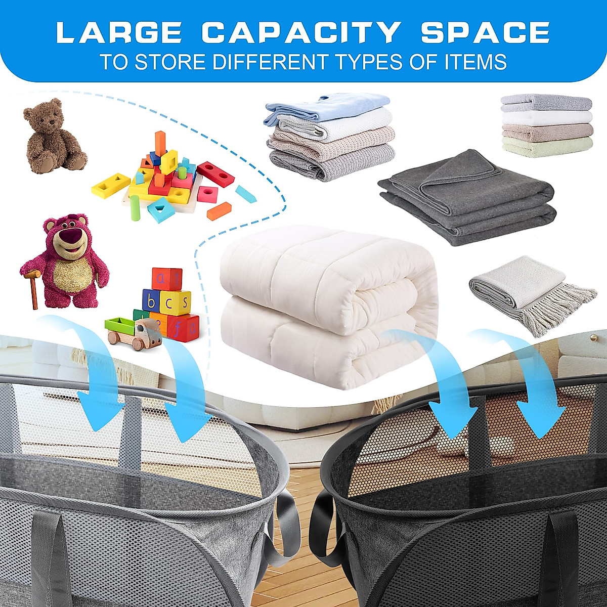 2 Pack Pop Up Laundry Hamper 65L Large Collapsible Laundry Baskets Laundry Basket with Durable Handles Mesh Laundry Hamper for Clothes Toys Perfect for Bathroom Dorm Travel Kids Room Grey+Black