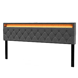 IKIFLY Upholstered King Size Headboard with 2 USB Ports & LED Lights - Adjustable Height - Button Tufted Padded Linen Fabric Headboard, Easy Assembly, King Headboard Only for Bedroom - Dark Grey