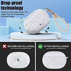 Glitter Marble Shell Design for Beats Studio Buds (2021) with Pearl Wrist Chain Keychain for Women Girls,Colorful Sparkle Bling Cute Beats Studio Buds Protective Skin Cover Soft TPU Shock Proof-White