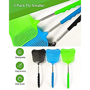 Wapodeai 3 pcs Fly Swatter, Fly Swatter Plastic,Telescopic Fly Swatters, Large Bug Swatter That Work for Indoor and Outdoor. (Black Blue Green)