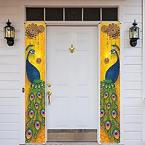 Happy Diwali Porch Banner Indian Diwali Peacock Front Porch Welcome Sign Deepawali Indian Festival of Lights Decorations-12×71''