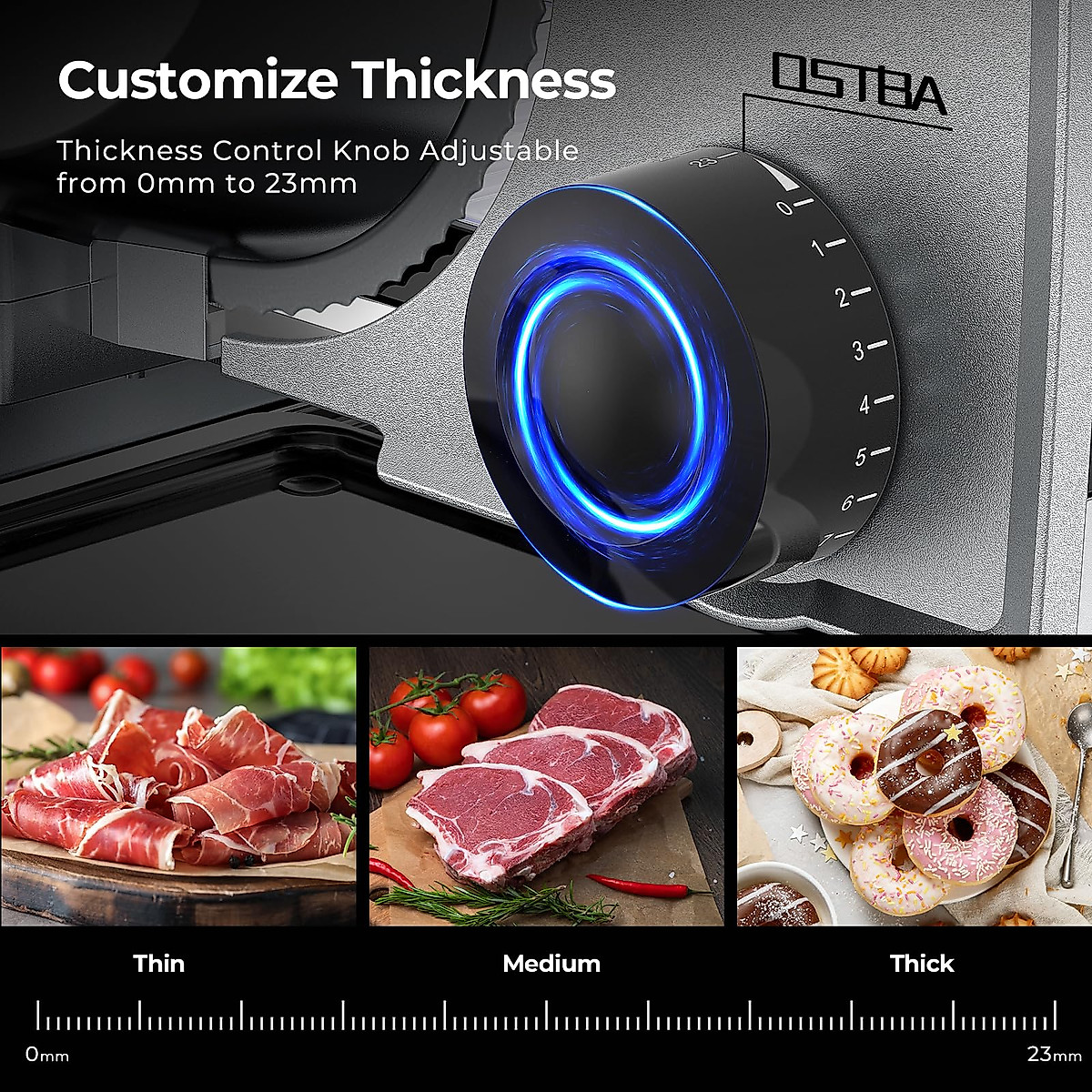 OSTBA Die-Cast Electric Meat Slicer Machine, 0-23mm Adjustable Thickness, Two 6.7” Removable Stainless Steel Blades, Intermittent Switch, 160W Deli Food Slicer with Food Tray for Meat Cheese Bread