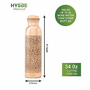 HYGGE Copper Water Bottle for Drinking – 34oz Engraved Pure Copper Water Bottle – Travel Water Bottle for Gym, Office, Hiking, Outdoor – Ayurvedic Water Bottle with Lid