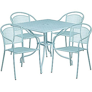 Flash Furniture Commercial Grade 35.5" Square Sky Blue Indoor-Outdoor Steel Patio Table Set with 4 Round Back Chairs