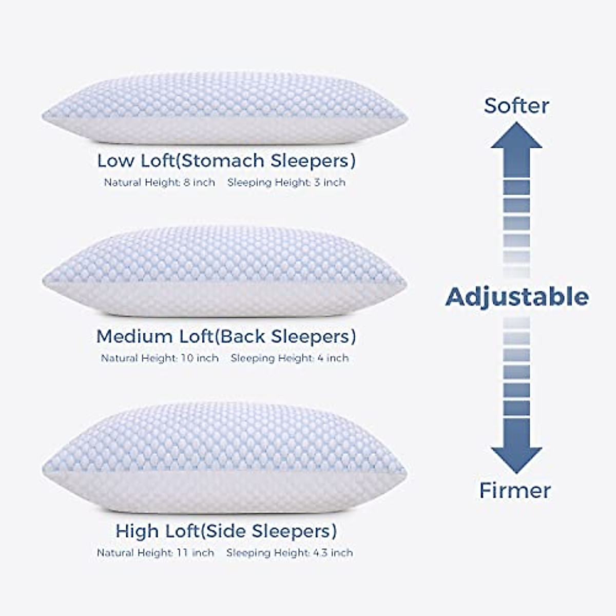 OSBED Shredded Memory Foam Pillows Queen Size Set of 2, Cooling Pillows for Sleeping 2 Pack, Adjustable Loft Bed Firm or Soft Pillows for Side, Back, Stomach, Hot Sleepers (20"x 30")