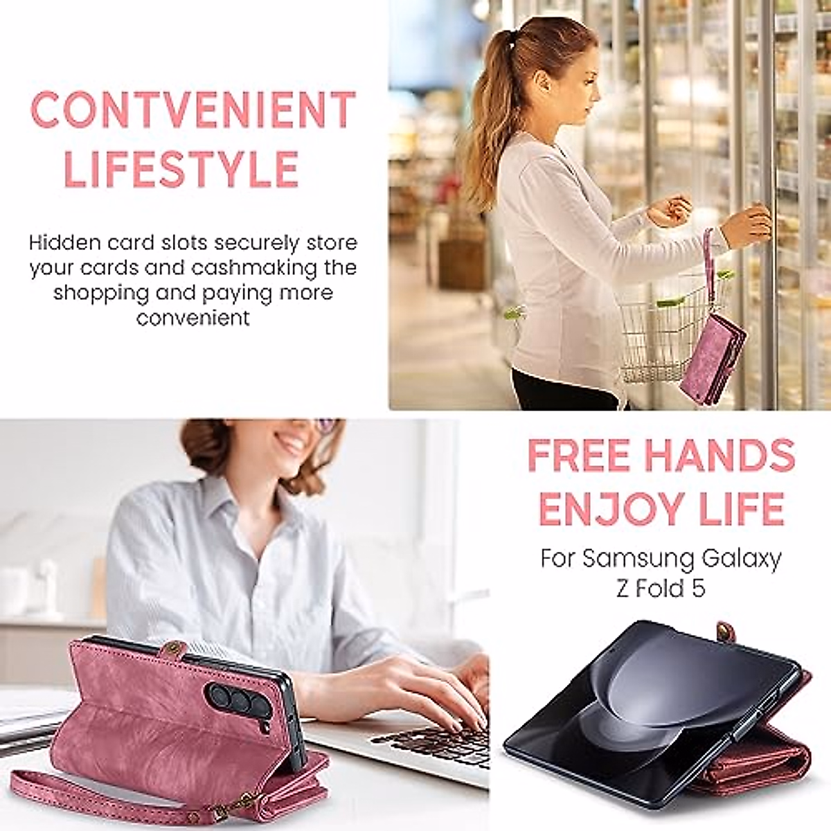 phone flip case Wallet Case Compatible with Samsung Galaxy Z Fold 5,2 in 1 Detachable Premium Leather Magnetic Zipper Pouch Wristlet Flip Phone Case,Matte Soft Leather+TPU Bottom Shell Case W Card Hol