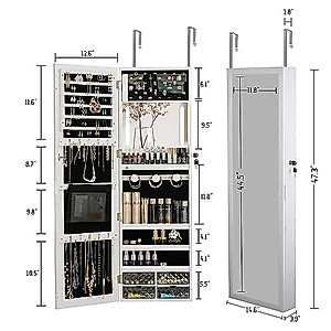 MASMIRE Jewelry Cabinet With Built-In Touch Light Mirror - 47.3" H Armoire With 4 Drawers, Wall/Over The Door Full Length Mirror With Storage - Off White