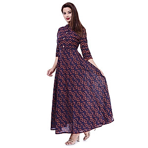 Ramkudi Indian Women's Printed Cotton Kurti Top (Blue-Brown)