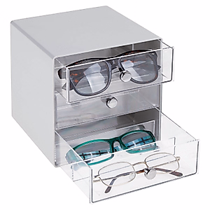 mDesign Stackable Plastic Eye Glass Storage Organizer Box Holder for Sunglasses, Reading Glasses, Lens Cleaning Cloths, and Accessories - 3 Divided Drawers, Chrome Pulls - Gray/Clear