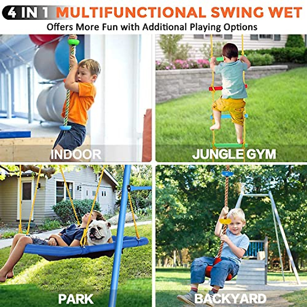 Plohee Swing Sets for Backyard, 550lbs Heavy-Duty Kid Swing Set with Two Swing Seats, Climbing Rope, Climbing Ladder for Outdoor Playground Ages 3-9 (Yellow&Blue)