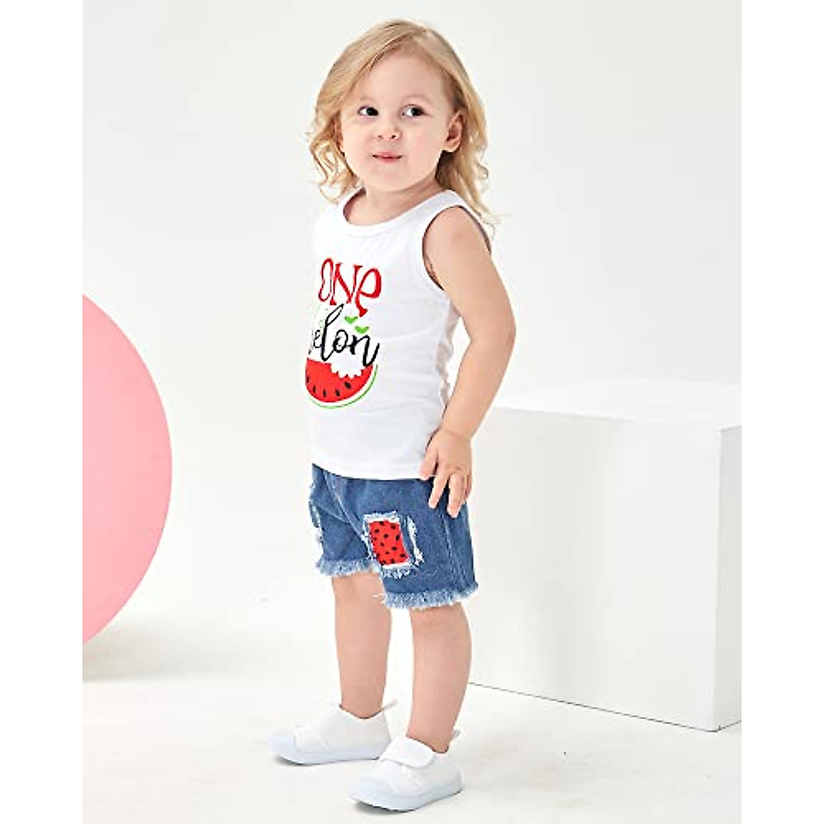 Mikrdoo Toddler Girl Summer Outfits Sleeveless Watermelon Tank Top + Denim Shorts Clothing Set (12-18 Months, White)