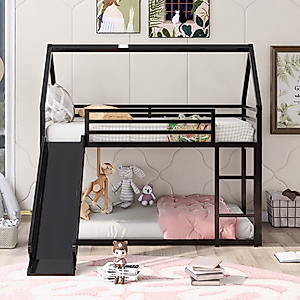 Harper & Bright Designs Twin over Twin House Bunk Bed with Slide and Ladder, Metal Low Bunk Bed Frame for Kids Girls Boys - Black