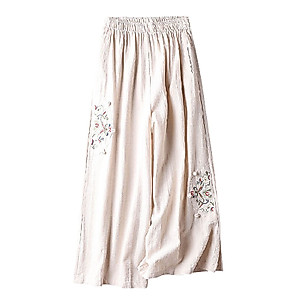 Todays Deals Sale Clearance fold Over Yoga Pants for Women Cotton Linen Pants for Women Embroideried Capri Palazzo Pants Wide-Leg Pants Plus Size Baggy Slacks Trousers Beige 2XL