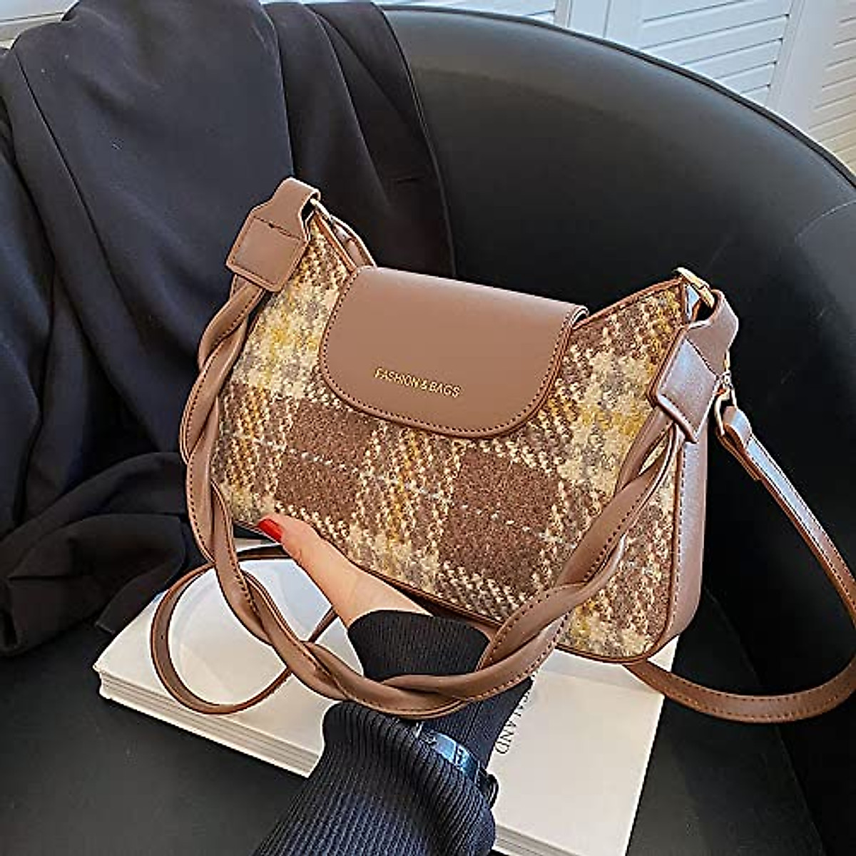 RTGGSEL Trendy Women‘s Lattice Plaid Striped Woolen Saddle Crossbody Shoulder Handbags Underarm Satchel Tote Clutch Purse Hobo Bag (Coffee)