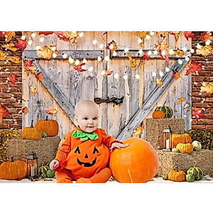 AIIKES 7X5FT Fall Thanksgiving Backdrop Autumn Pumpkin Harvest Barn Door Photography Backdrop Light Post Maple Leaves Haystack Thanksgiving Party Decorations Photo Studio Prop 12-457