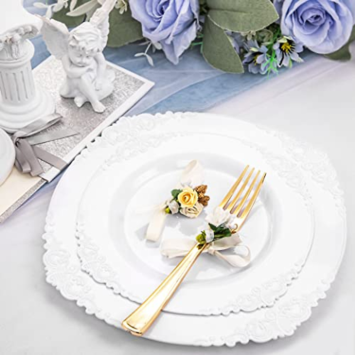 Morejoy 100PCS White Plastic Plates - White Disposable Plates - Include 50 Pieces 10.25 Inch Dinner Plates & 50Pieces 7.5 Inch Dessert Plates - Perfect for Weddings & Thanksgiving & Christmas