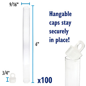 The Beadsmith Clear Plastic Tubes - 6-Inch-Long Round Tubes, 9/16 Inches in Diameter - Friction Hanging Caps - Use for Beads, Bath Salts, Wedding & Party Favors, Home or Office Storage - Bag of 100