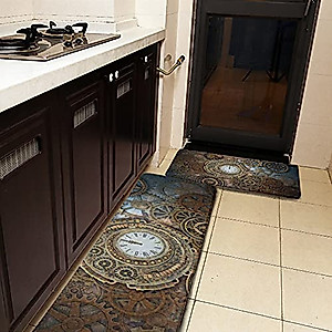 2 Pcs Kitchen Rug Set,Kitchen Mats,Rusty Steampunk Background with Clock & Different Kinds,Soft Washable Non-Slip Super Absorbent Floor Mat for Kitchen Bathroom Laundry, White