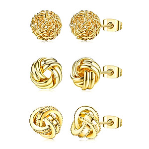 HAIAISO 3 Pairs Gold Love Knot Earrings For Women 14K Gold Plated Woven Ball Stud Earrings Love Knot Post Earrings for Sensitive Ears(Gold)