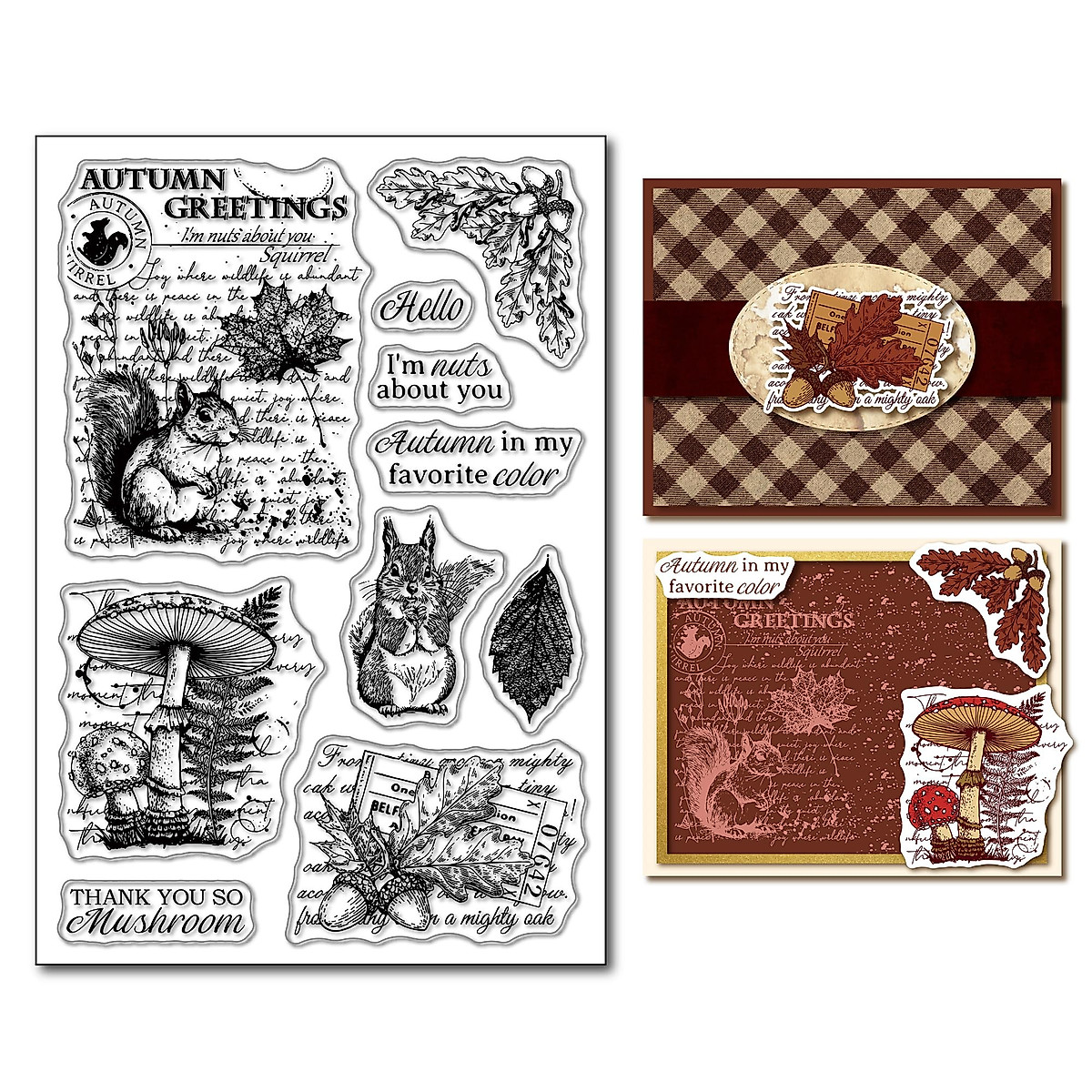Arbuya Autumn Squirrel Clear Stamps for Journaling or Card Making, Nuts Mushroom Sentiment Rubber Stamps for Journals Planners Scrapbooking Paper Crafting